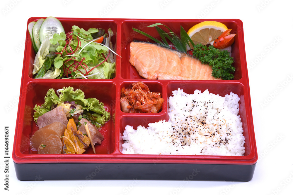 Lunch box of Roasted Salmon , Bento Salmon set isolated on white ...