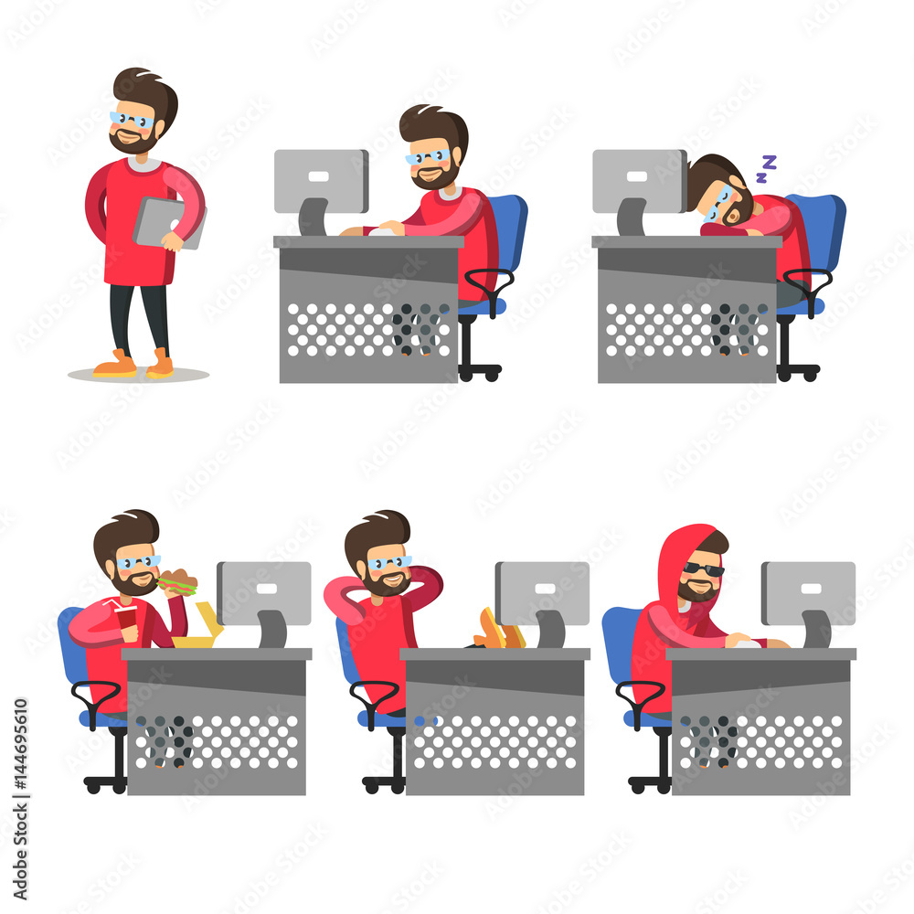 Cartoon Programmer with Computer. Freelancer at Work. Vector character ...
