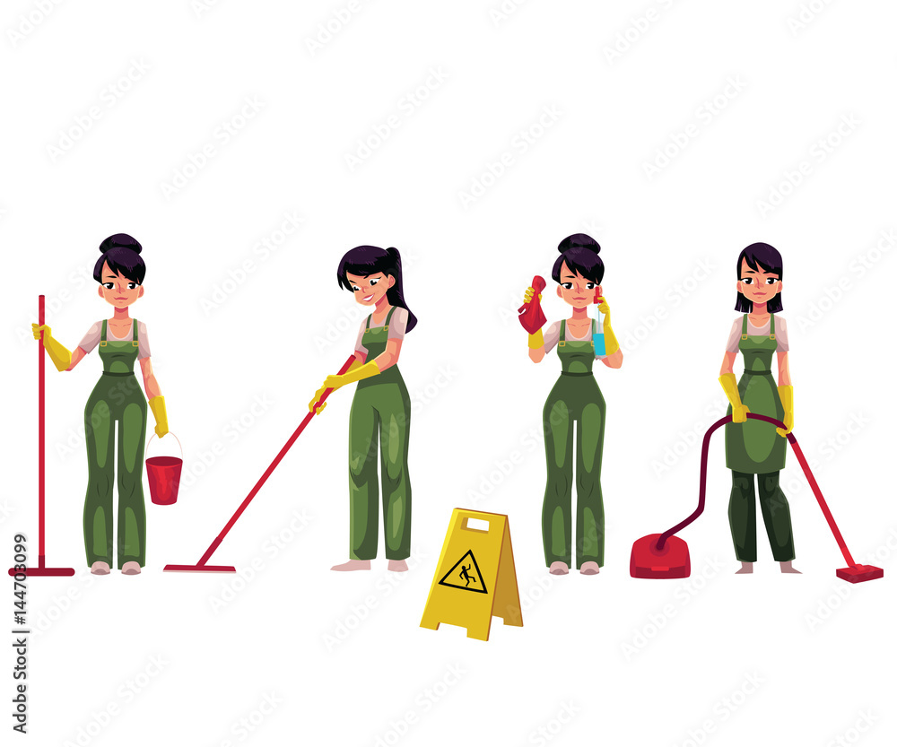 Set of cleaning service girl, charwoman, cleaner in overalls, cartoon ...