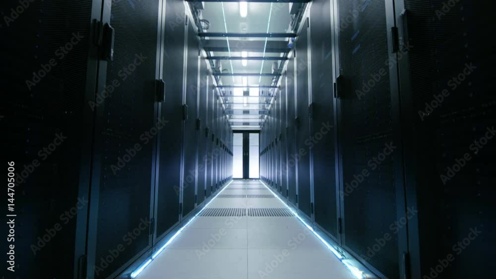 Camera Moves Through Opening Sliding Doors Into Big Modern Data Center ...