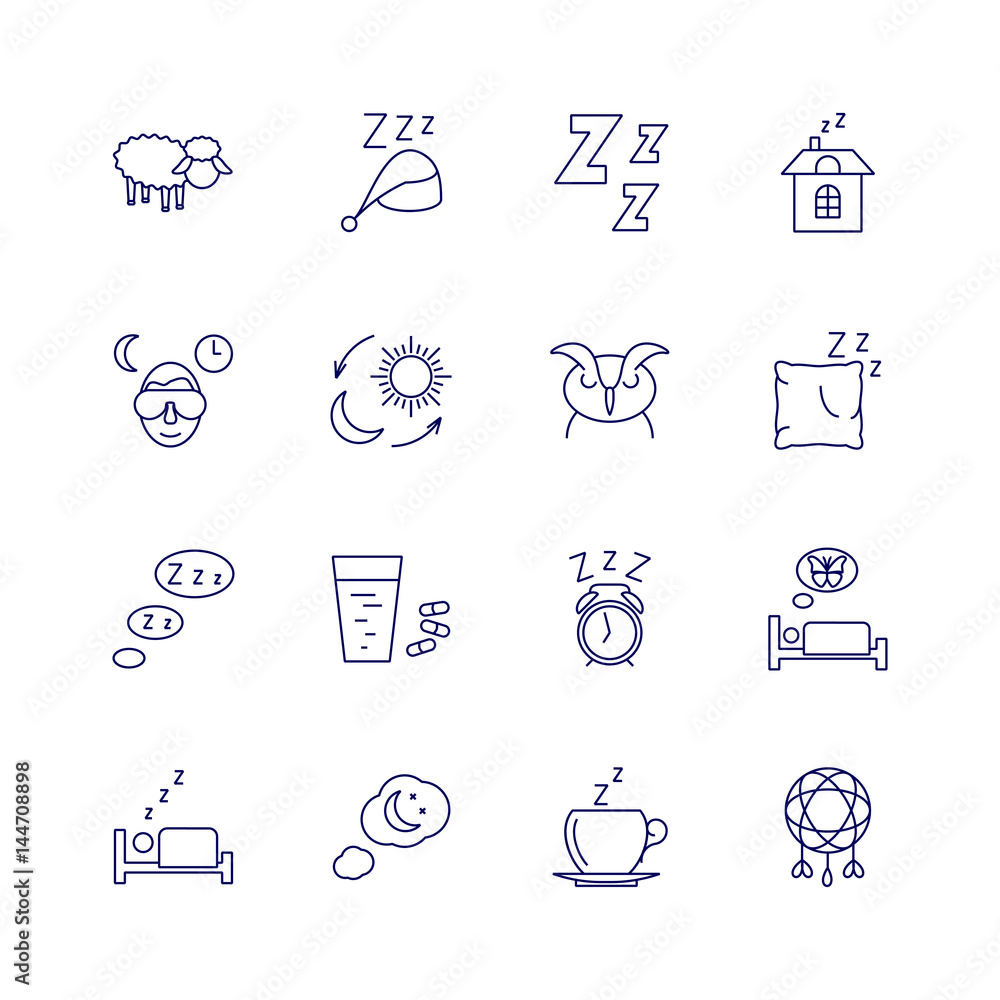 Sleeping icons isolated on white background. Relax and night rest ...
