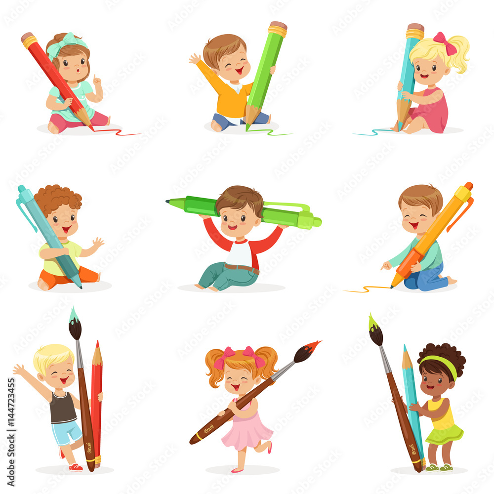 Cute young children holding big pencils, pens and paintbrushes, set for ...