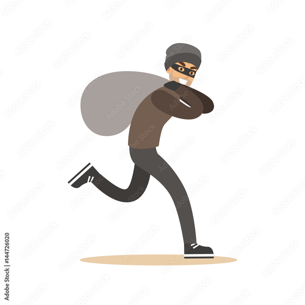 Robber in mask running with huge sack. Colorful cartoon character ...
