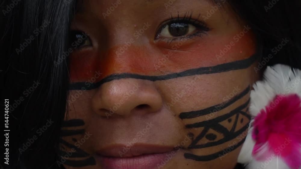Closeup face of Native Brazilian Woman at an indigenous tribe in the ...