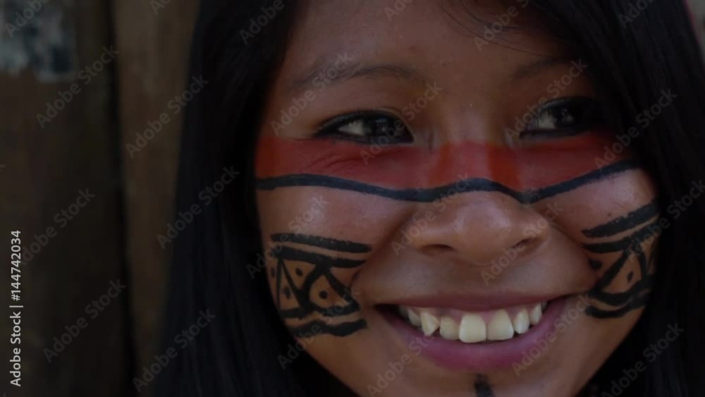 Closeup face of Native Brazilian Woman at an indigenous tribe in the ...