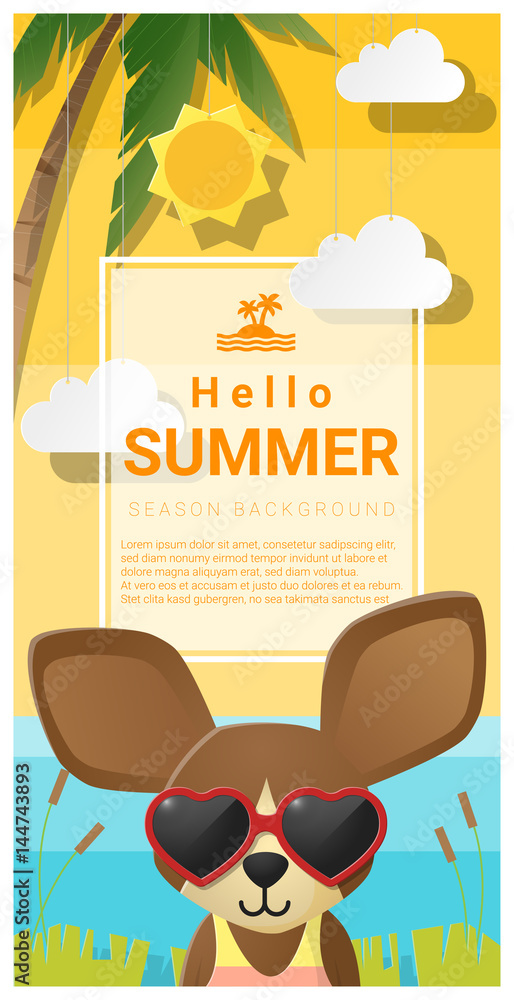 Hello summer background with dog wearing sunglasses , vector ...