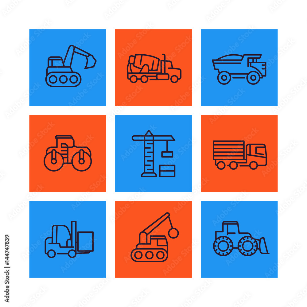 construction vehicles line icons set, heavy machines, digger, truck ...