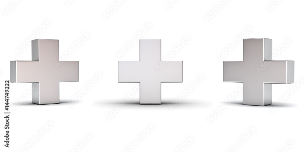 3d metal plus sign with three different view angles isolated on white ...