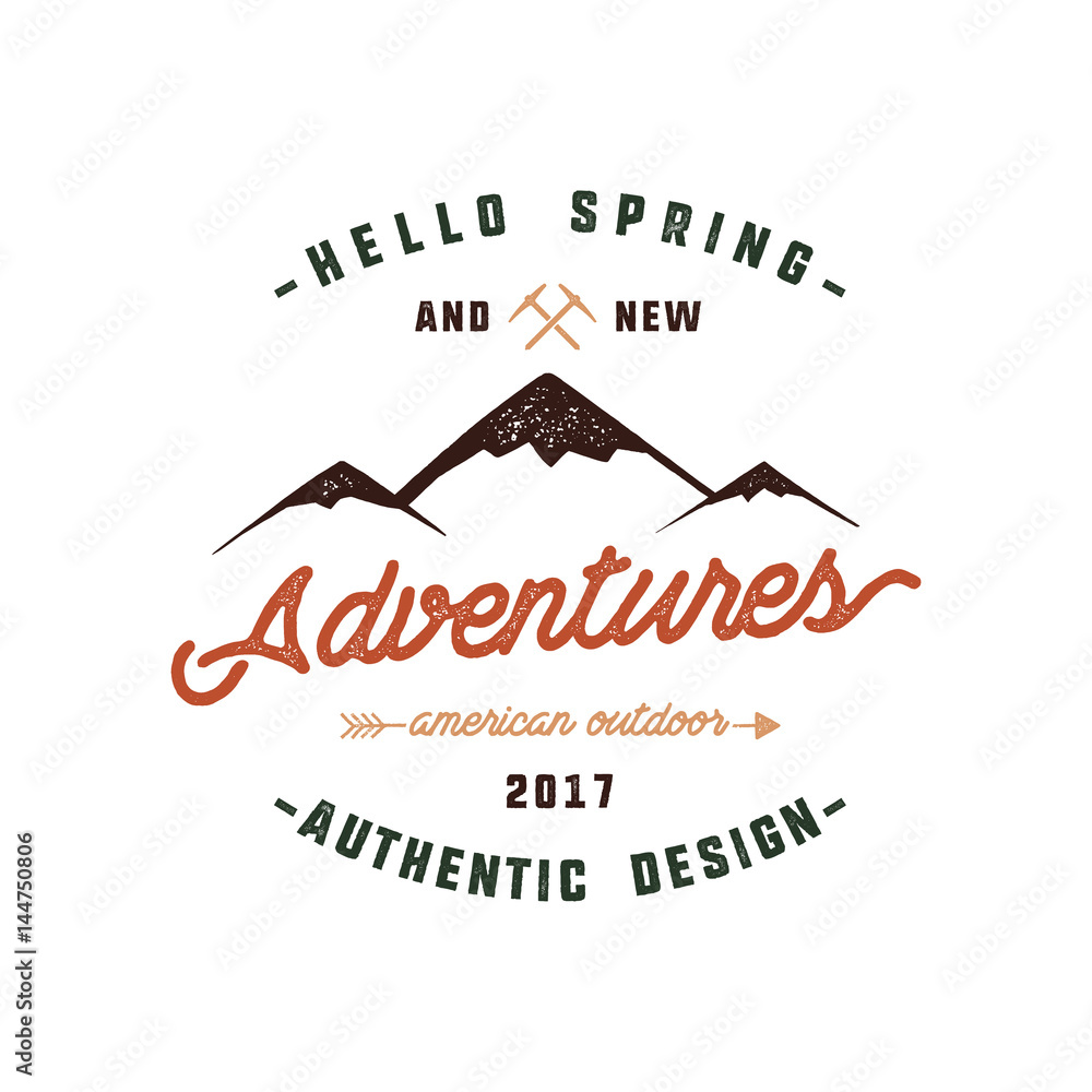 Vintage adventure Hand drawn label design. "The Adventure Begins" sign ...