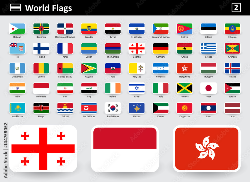 Flag icons of the world with names in alphabetical order - set 2. Flat ...