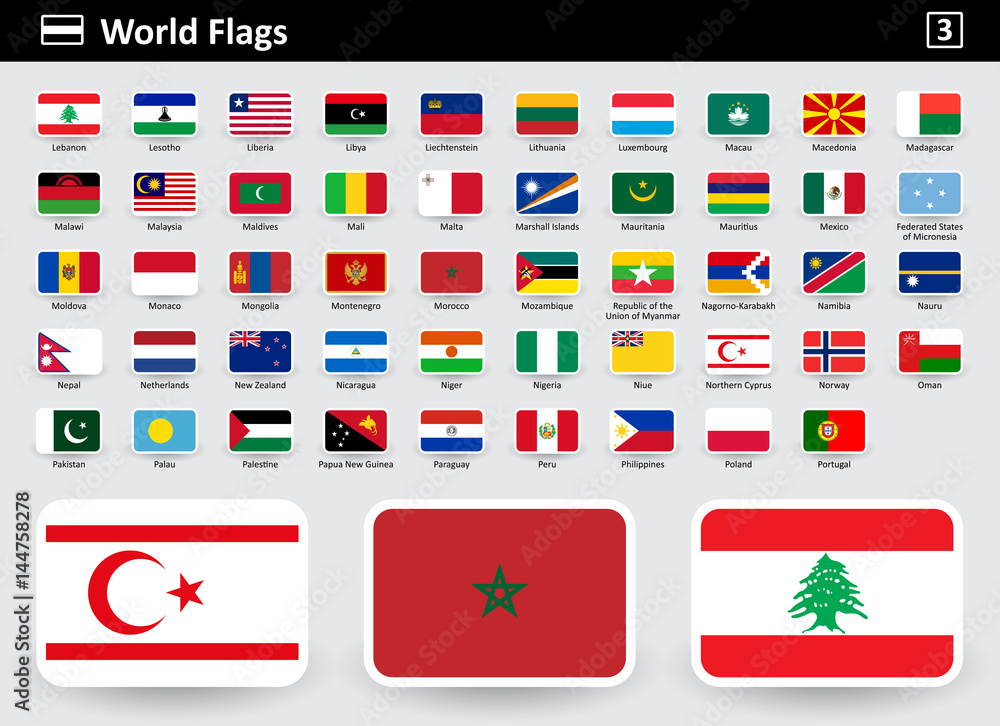 Flag icons of the world with names in alphabetical order - set 3. Flat ...