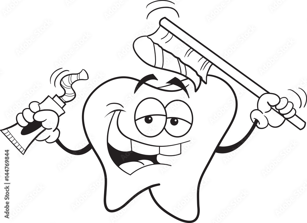 Black and white illustration of a tooth holding toothpaste and a ...
