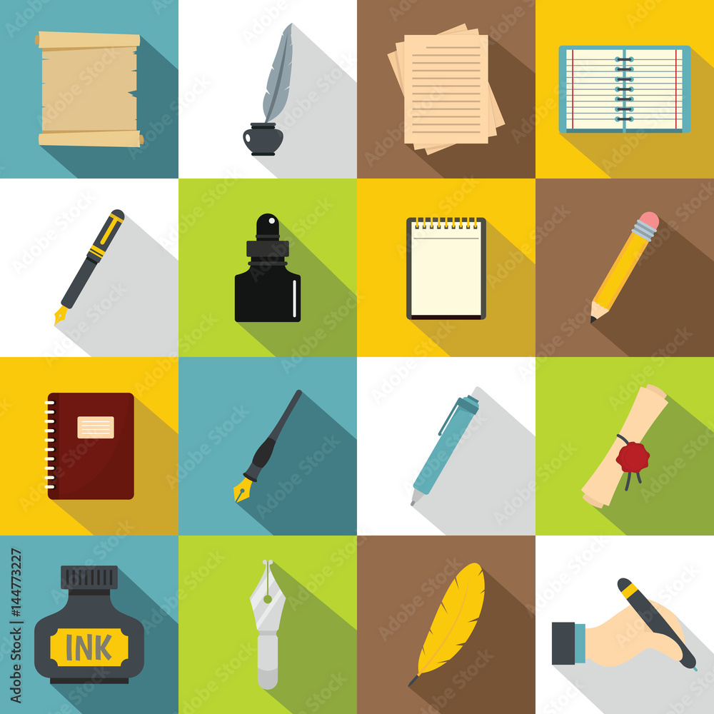 Writing icons set items, flat style Stock-Vektorgrafik | Adobe Stock