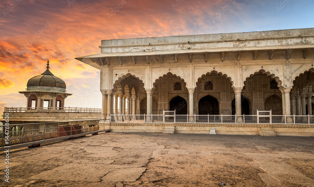 Agra fort sunset view over diwan-i-aam and Musamman Burj dome. White ...