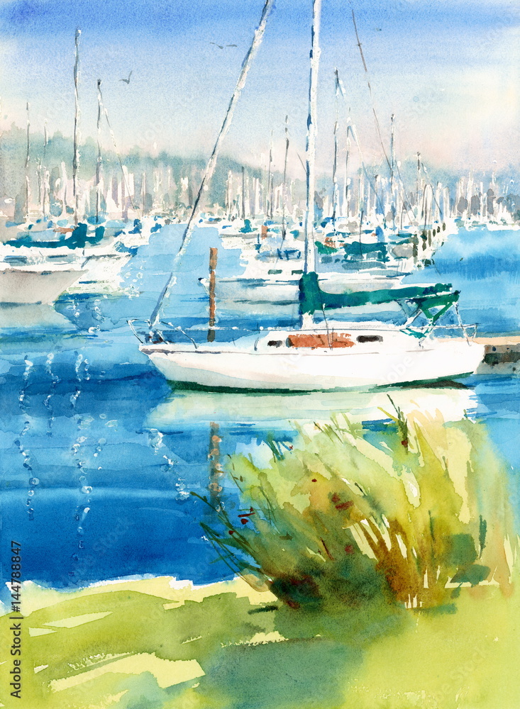 Watercolor White Sailing Boat in the Dock Hand Painted Nautical ...