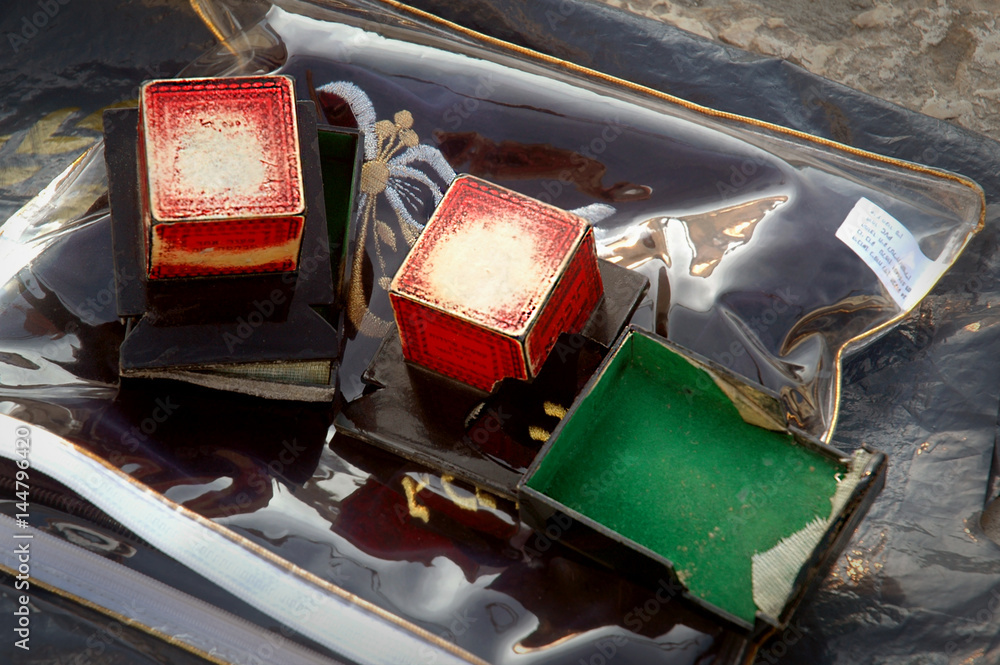 Tefillin, or phylacteries worn by Orthodox Jewish men during weekday ...