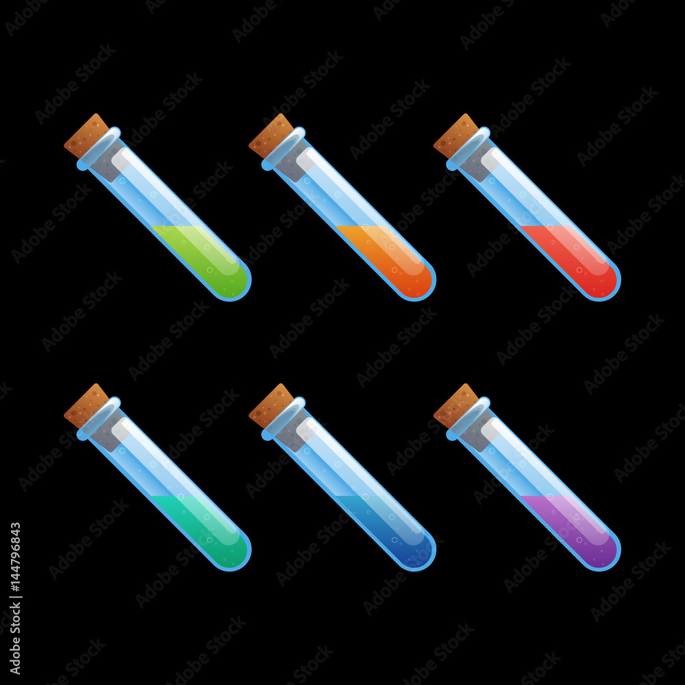 Set of different color flask, test-tube, bottles game icons. Cartoon ...