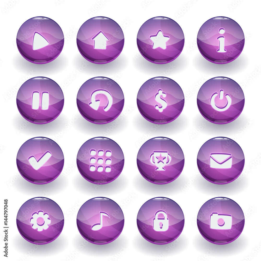 Set of 16 purple icons isolated on white background for game user ...