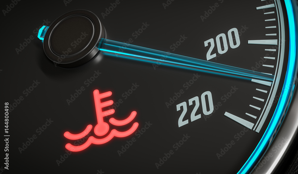 Engine overheating control. Coolant warning light in car dashboard. 3D ...