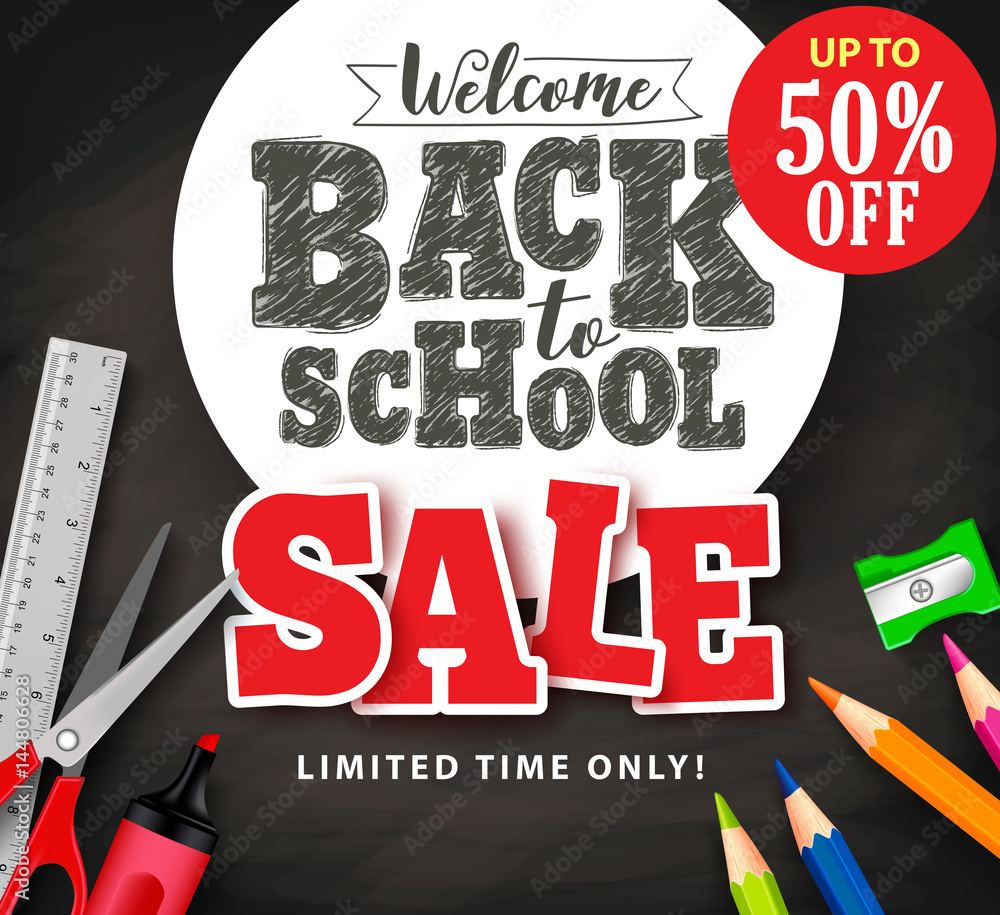 Welcome back to school sale text in vector with school items and ...