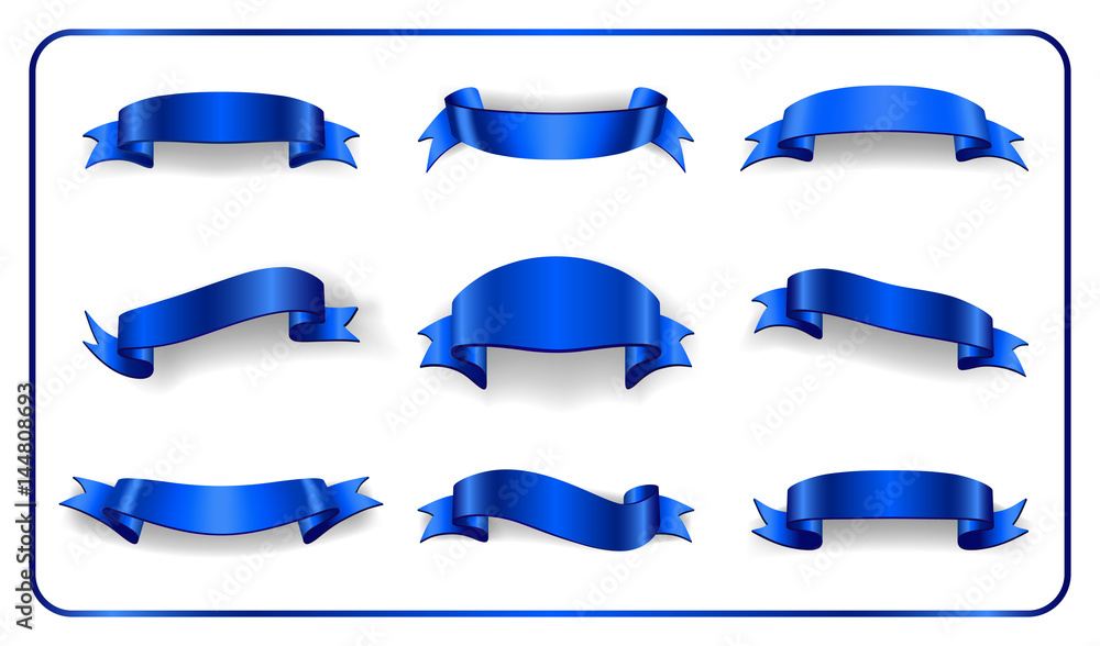 Blue ribbons set. Satin glossy bow blank banners. Design label scroll ...