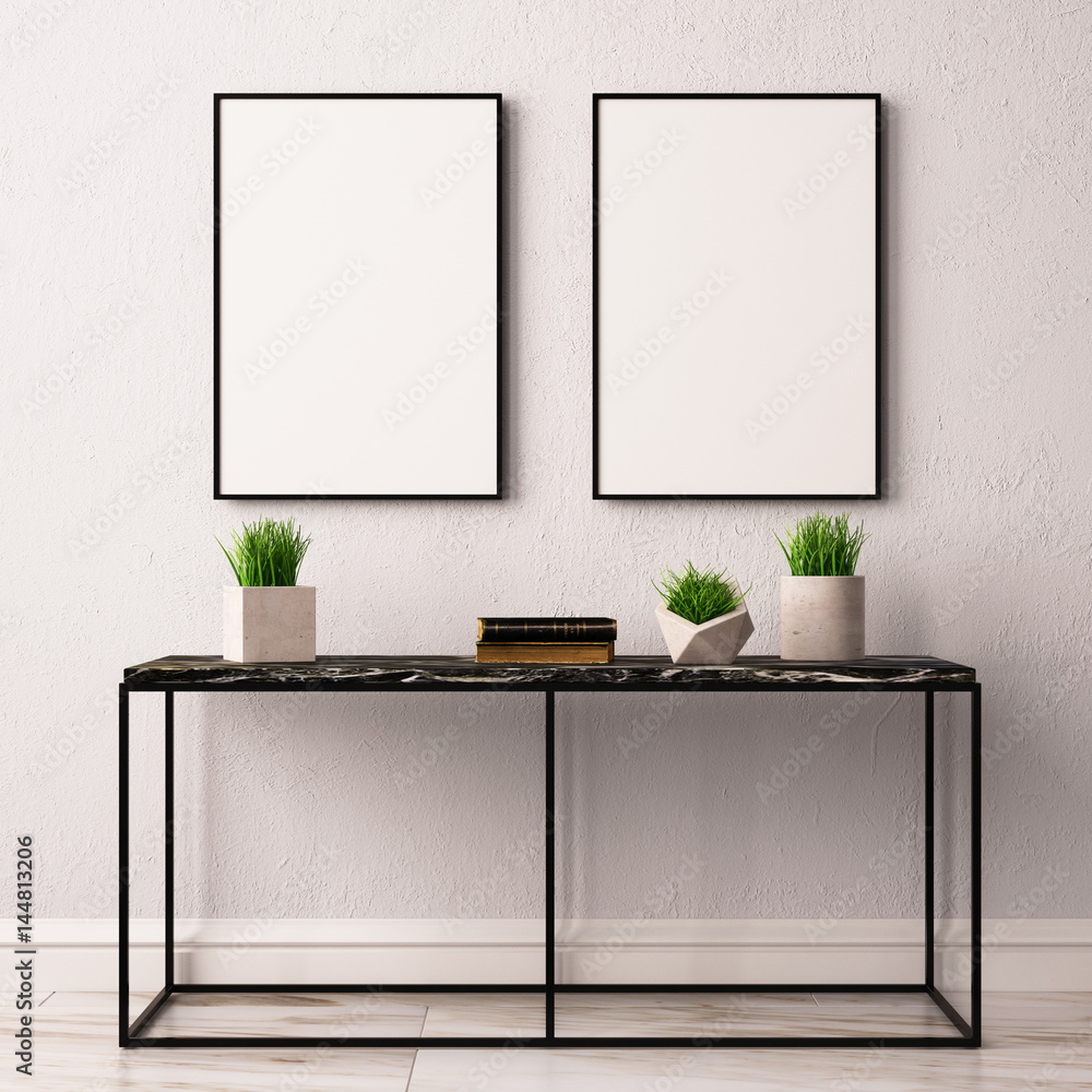 Mock up poster in the interior with a console table. 3D rendering Stock ...