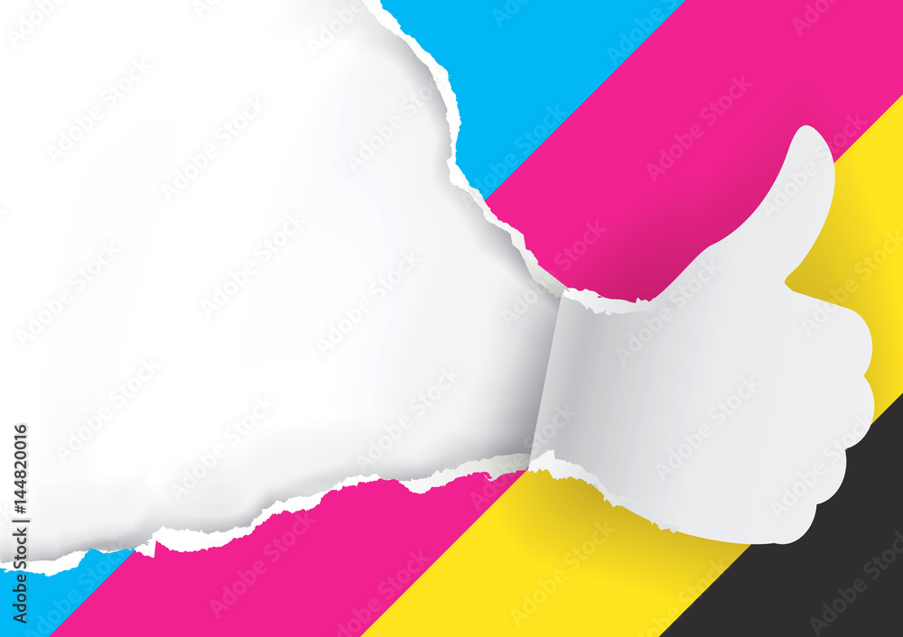 Color printing background. Paper silhouette of Thumbs up ripping paper ...