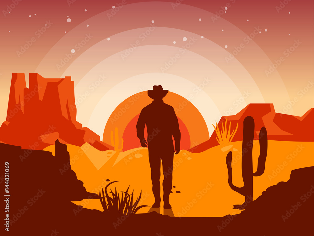 Wild west landscape with cowboy silhouette Stock Vector | Adobe Stock