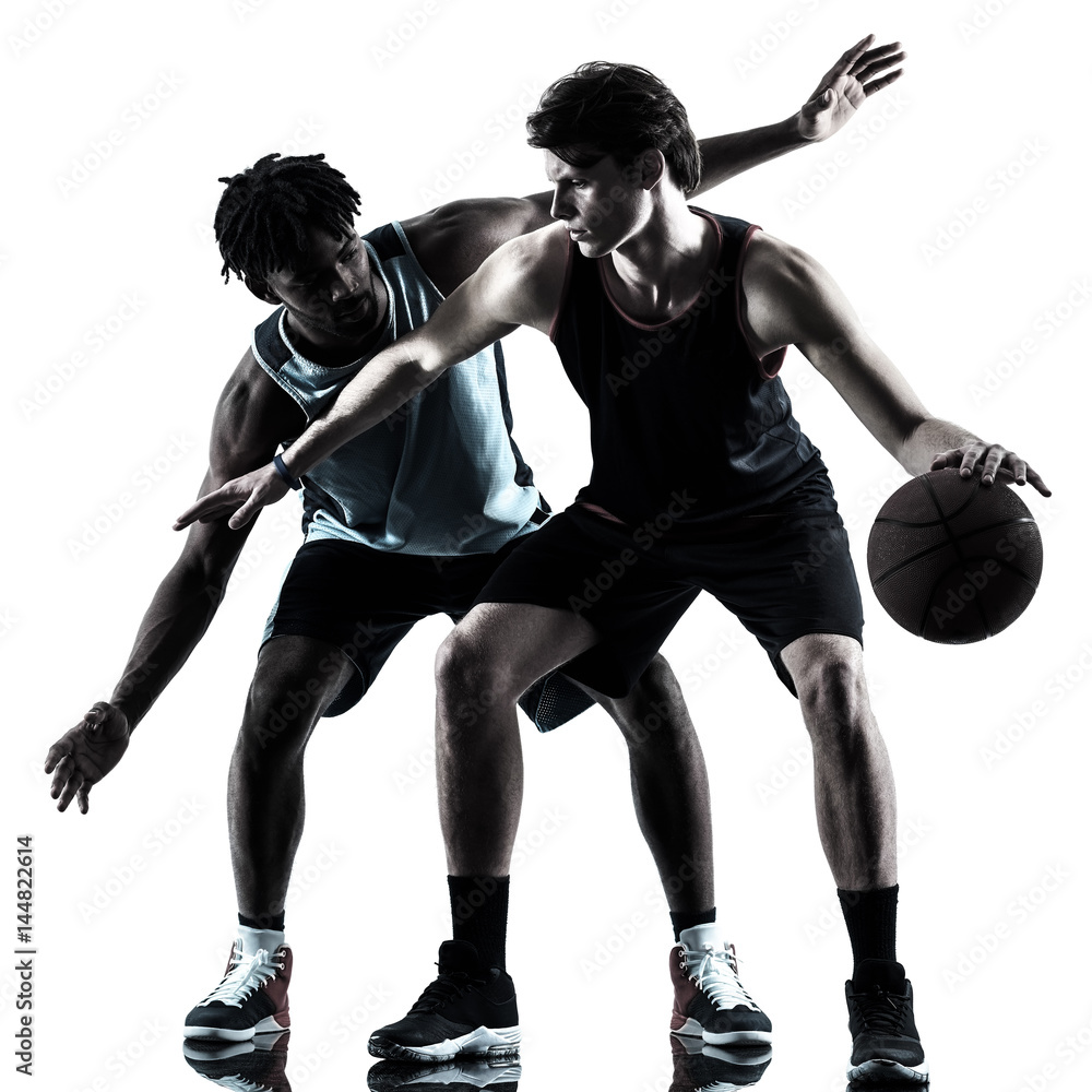 two basketball players men isolated in silhouette shadow on white ...