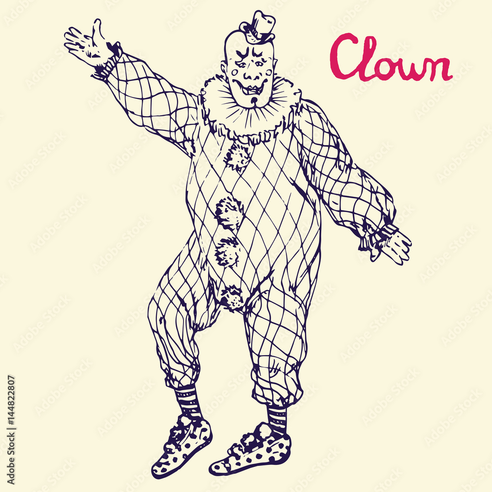 The clown is standing in checkered costume, hand drawn doodle, simple ...