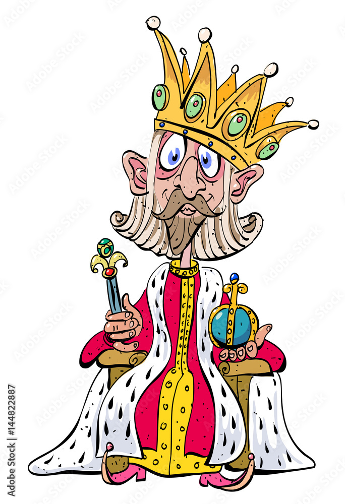 Cartoon image of king with huge crown. An artistic freehand picture ...