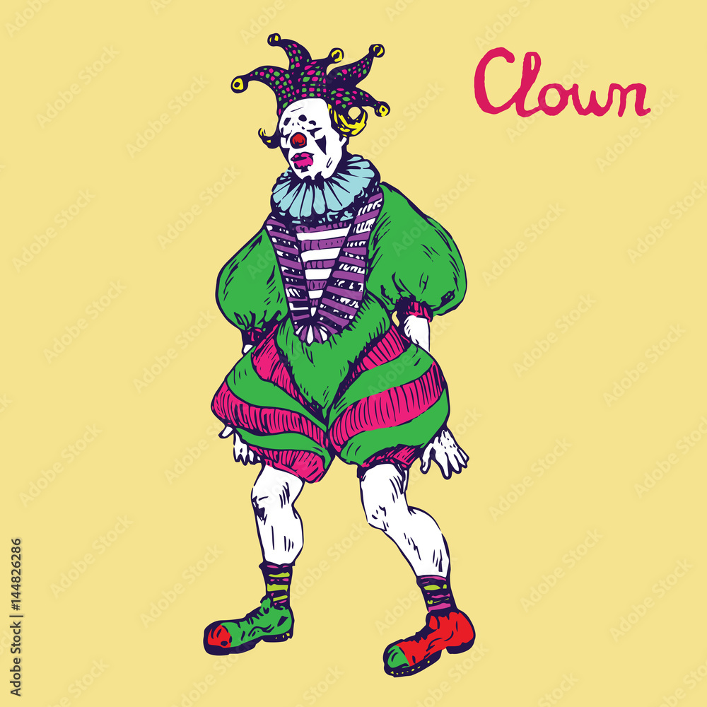 The clown is standing in jester hat, hand drawn doodle, bright colors ...