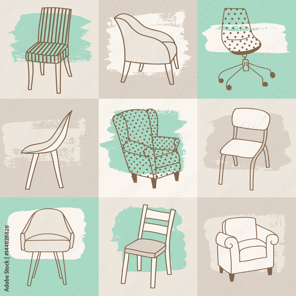 Vector set of chairs. Hand-drawn style. Brush stroke background Stock ...