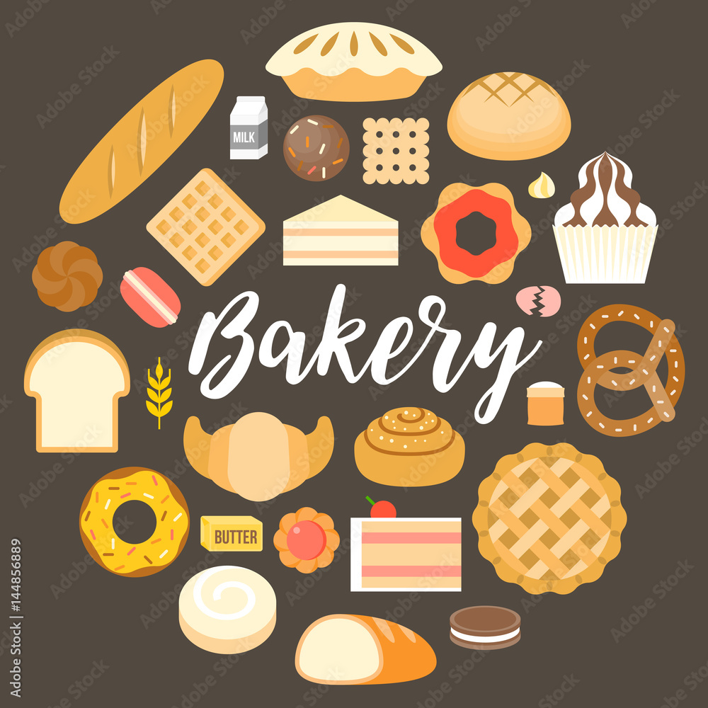 Bakery headline and bakery products arrange in circle shape, flat ...