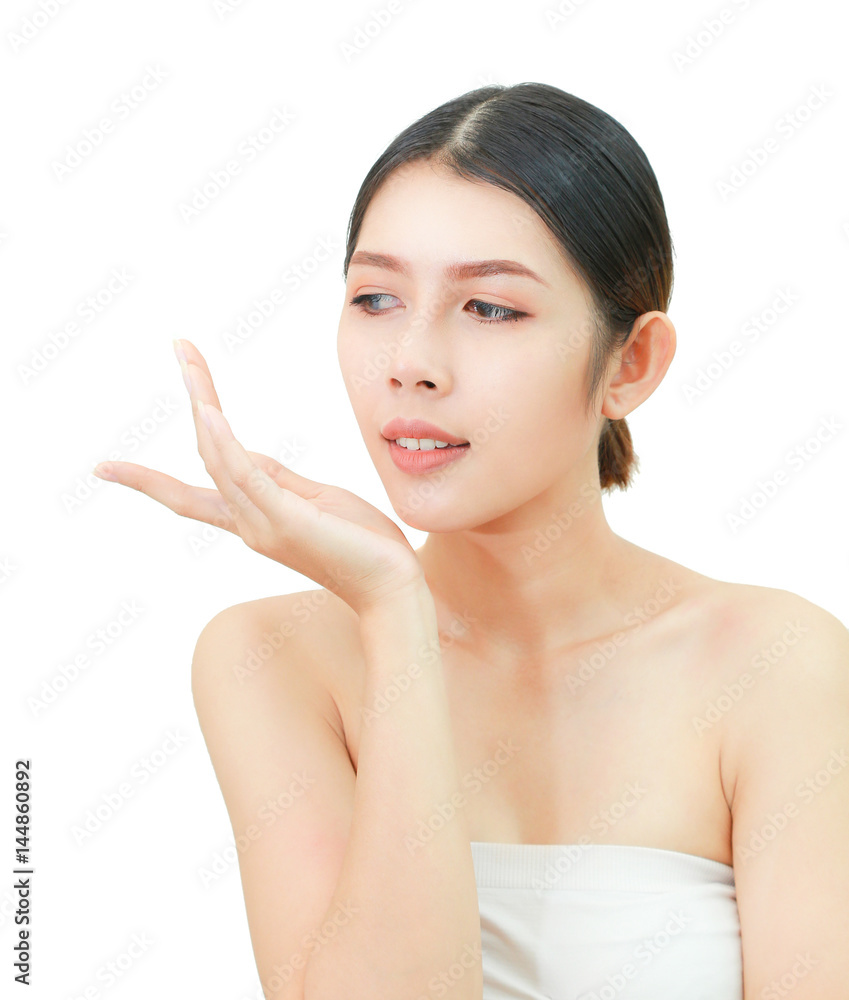 Beautiful woman Face Portrait Beauty Skin Care smile and touch her face ...