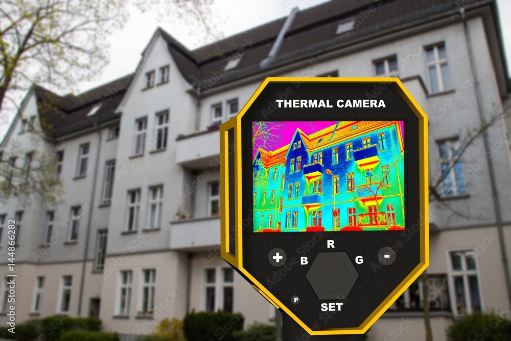 infrared thermal imager showing building facade and window heat loss ...