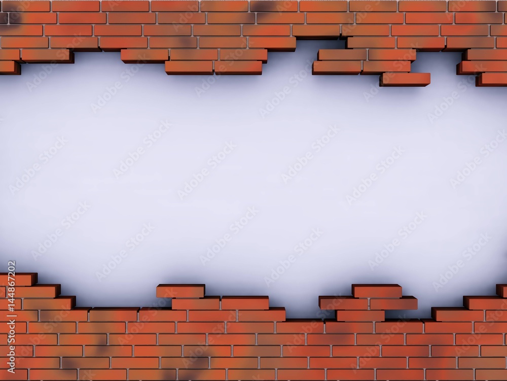 Beautiful brick background, rift in brick wall, hole in wall on white ...