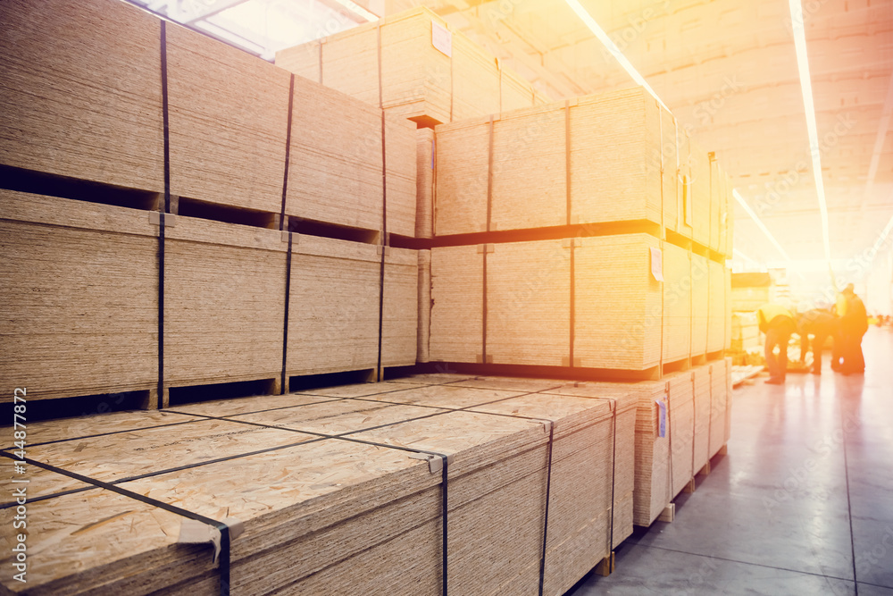 Sawn timber. Drywall, dvp, chipboard, Shelf with structural materials ...