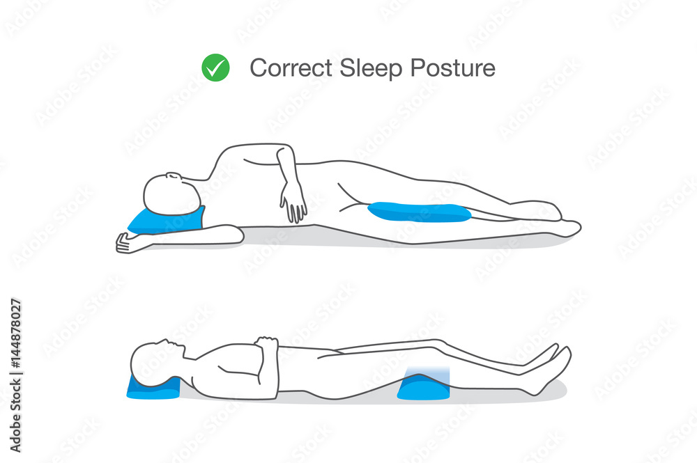 Correct posture while sleeping for maintaining your body. Illustration ...