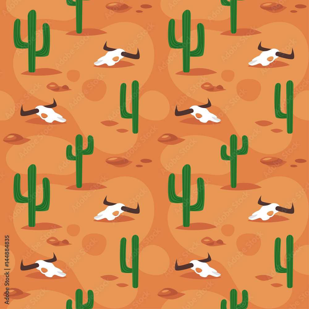Vector cartoon style seamless pattern with desert surface with cactu ...
