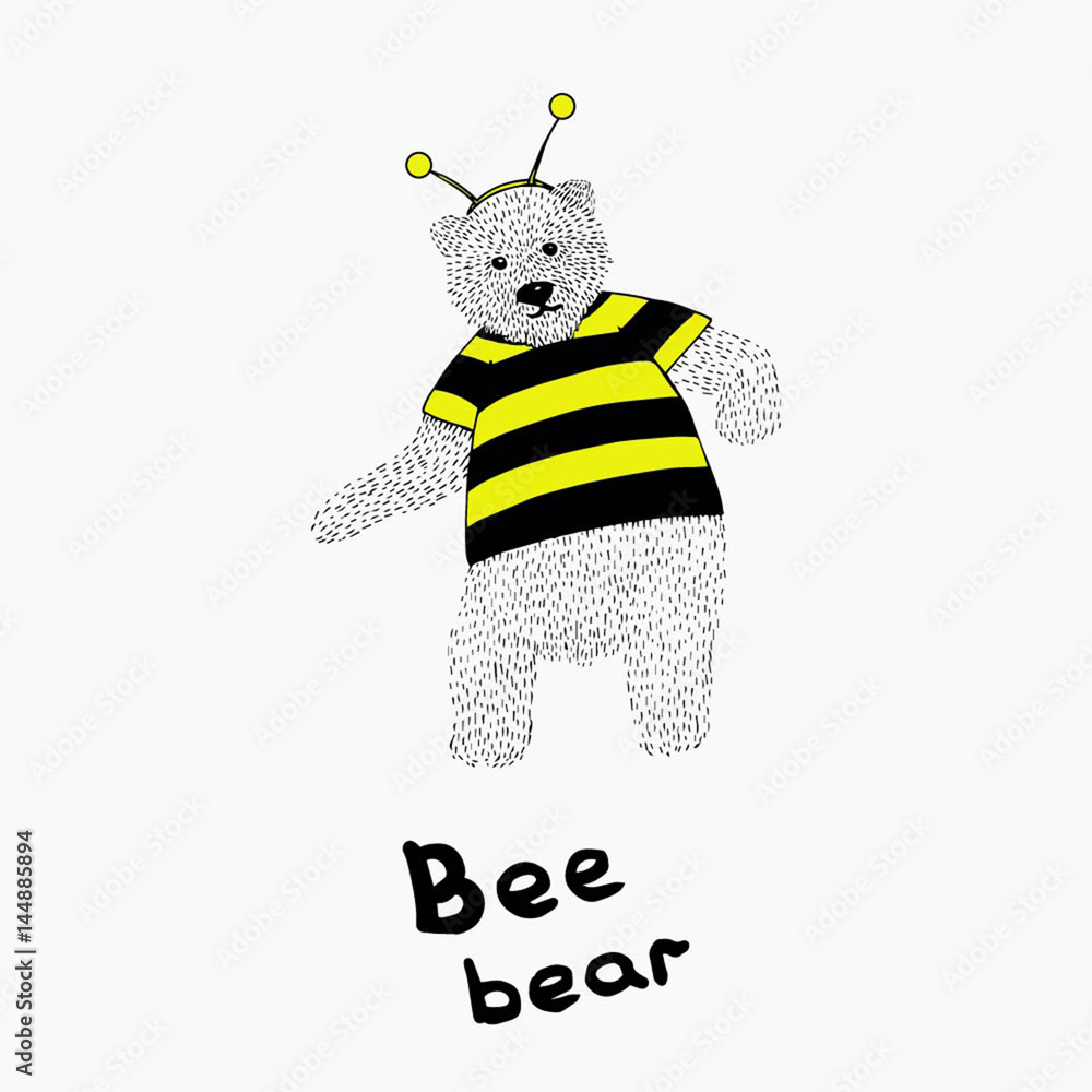 Hand drawn dancing bear in bee costume. Vector sketch illustration ...