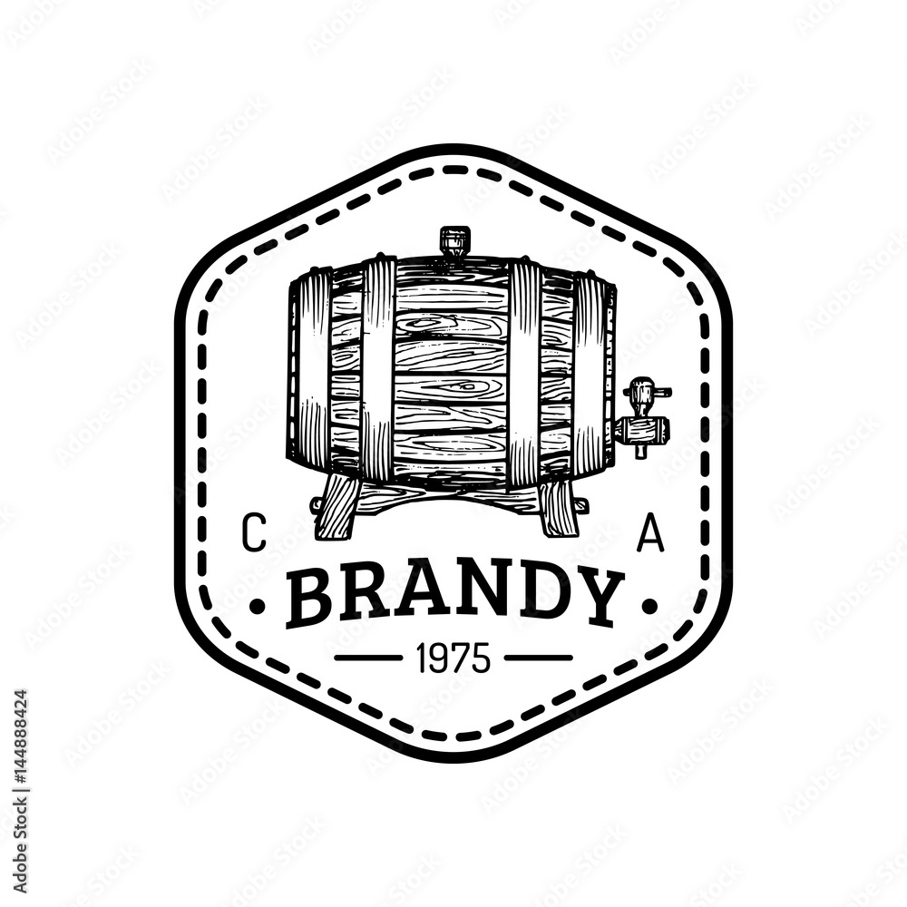 Brandy logo. Vector cognac sign with wooden barrel. Typographic label ...