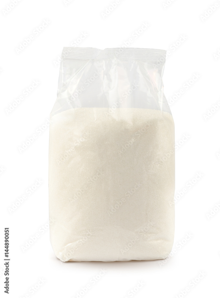 Transparent plastic package of sugar isolated on white background with ...