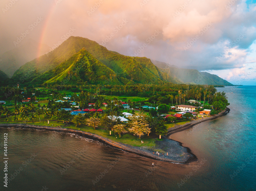 Aerial view of island and coastline, Teahupoo, Tahiti, South Pacific ...