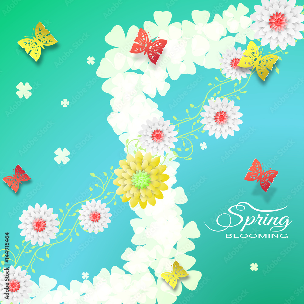 Vector illustration of Blooming Spring on the gradient green and blue ...