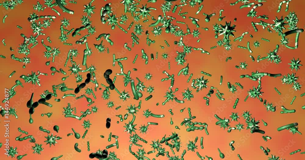 Microbiome Swarm of green microscopic life, virus, algae, cells ...