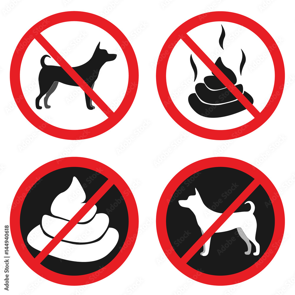 Red sign of the ban on walking dogs and their turd. Black Silhouette ...