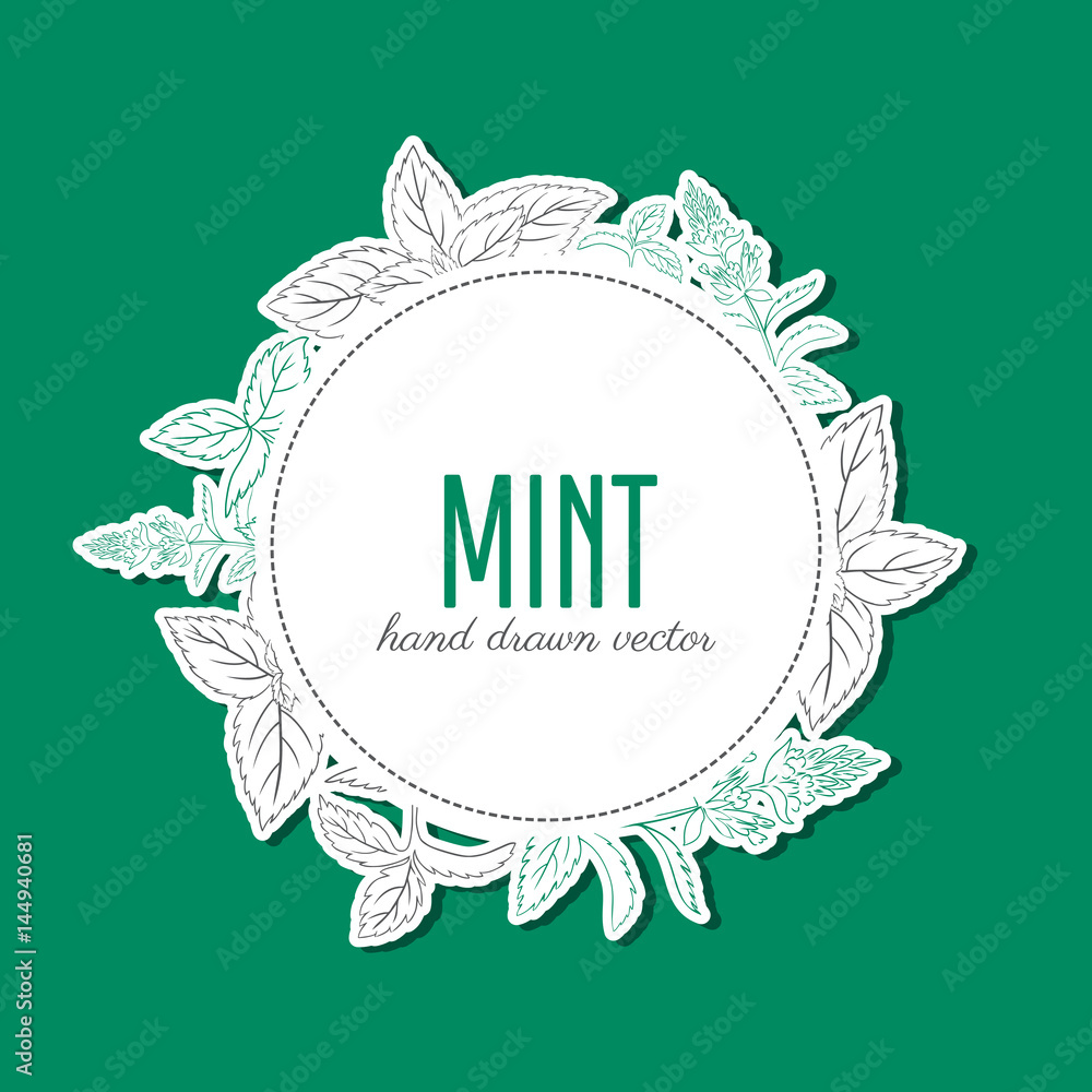 Round frame, label, sticker with vector mint leaves, peppermint branch ...