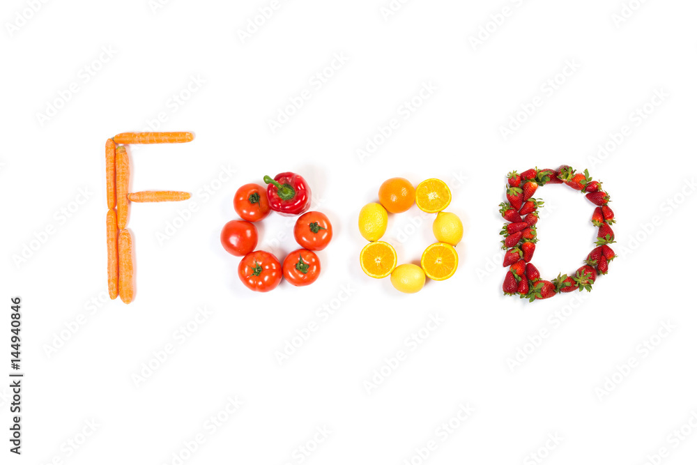 FOOD text made out of fruits and vegetables isolated on white ...