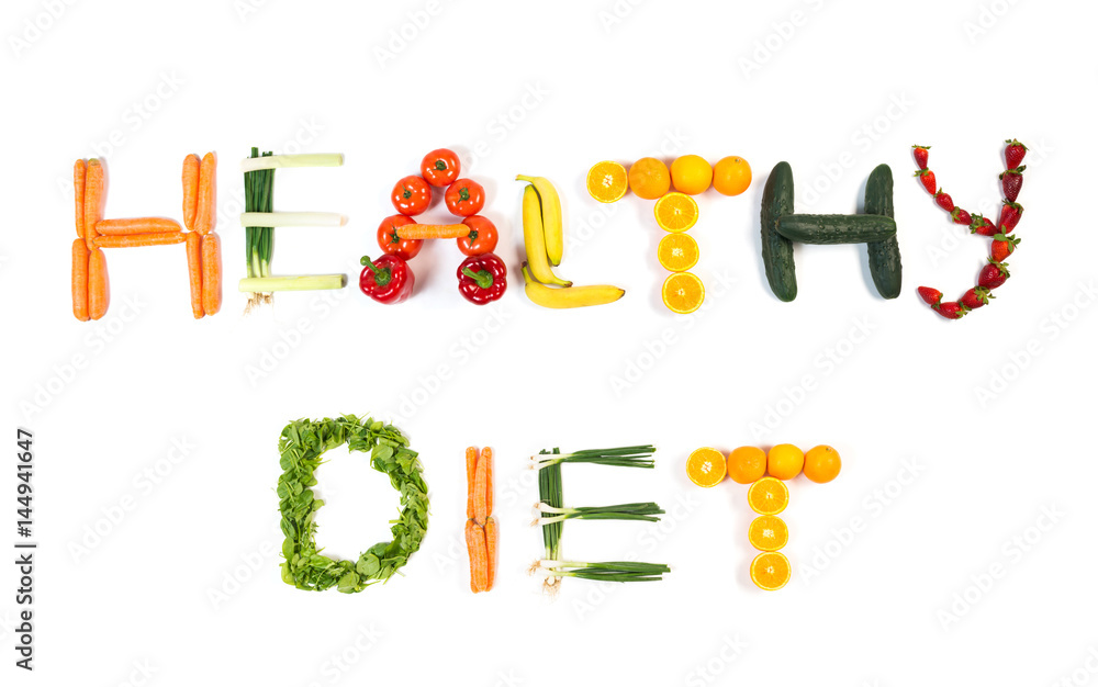 HEALTHY DIET text made out of fruits and vegetables isolated on white ...